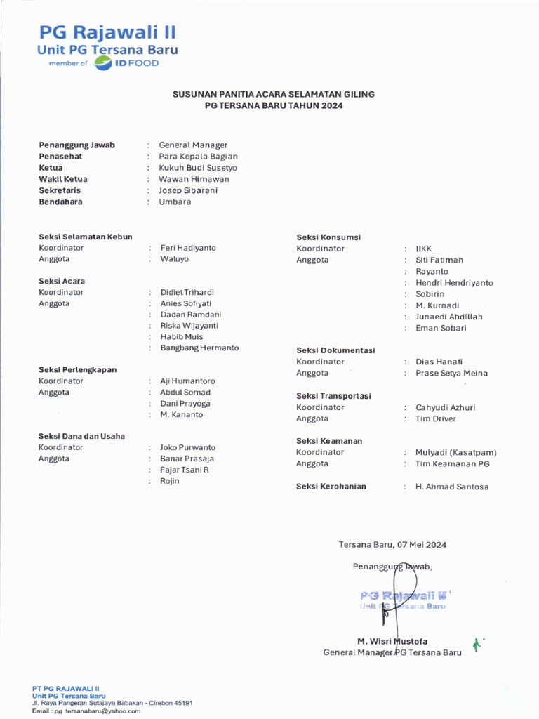 Susunan Panitia Acara Selamatan Giling PG Tersana Baru Tahun 2024 | PDF