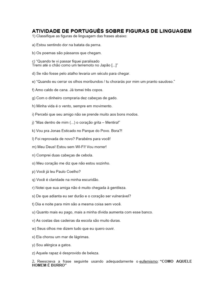 Atividade De Português Sobre Figuras De Linguagem Pdf Metáfora