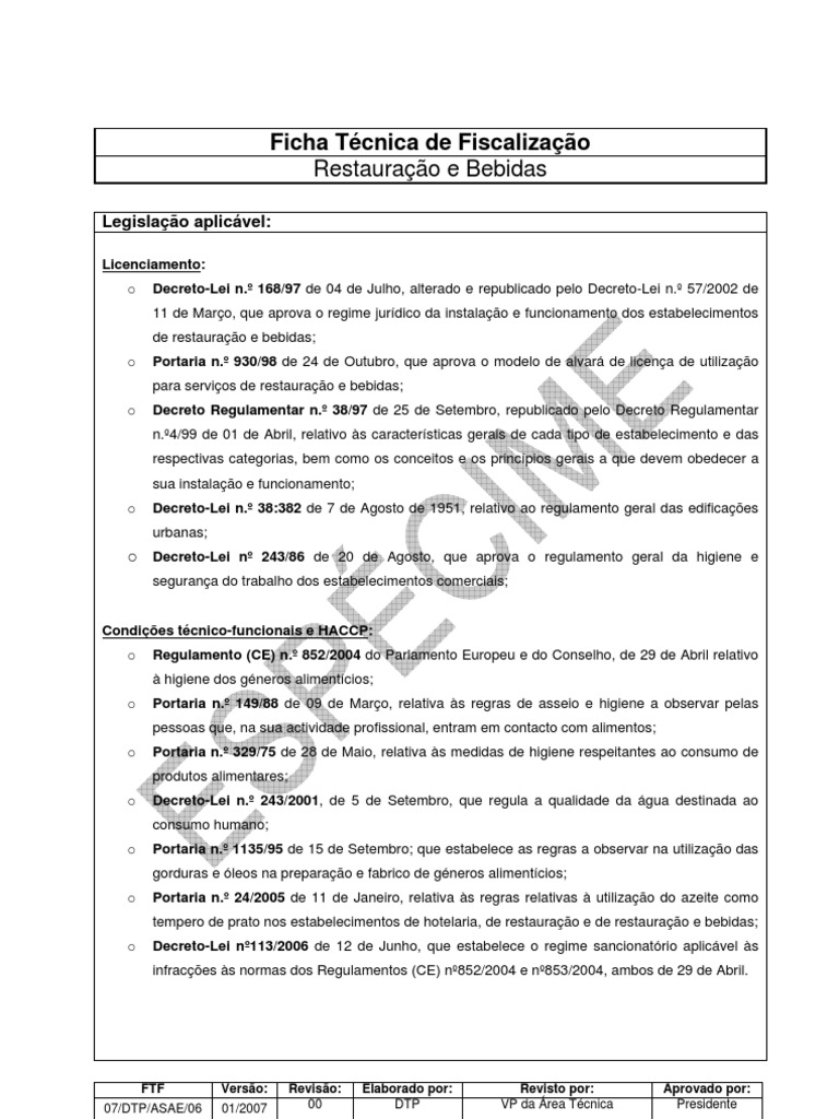 ASAE - Ficha Inspecção Restauração | PDF | Análise de perigos e pontos ...