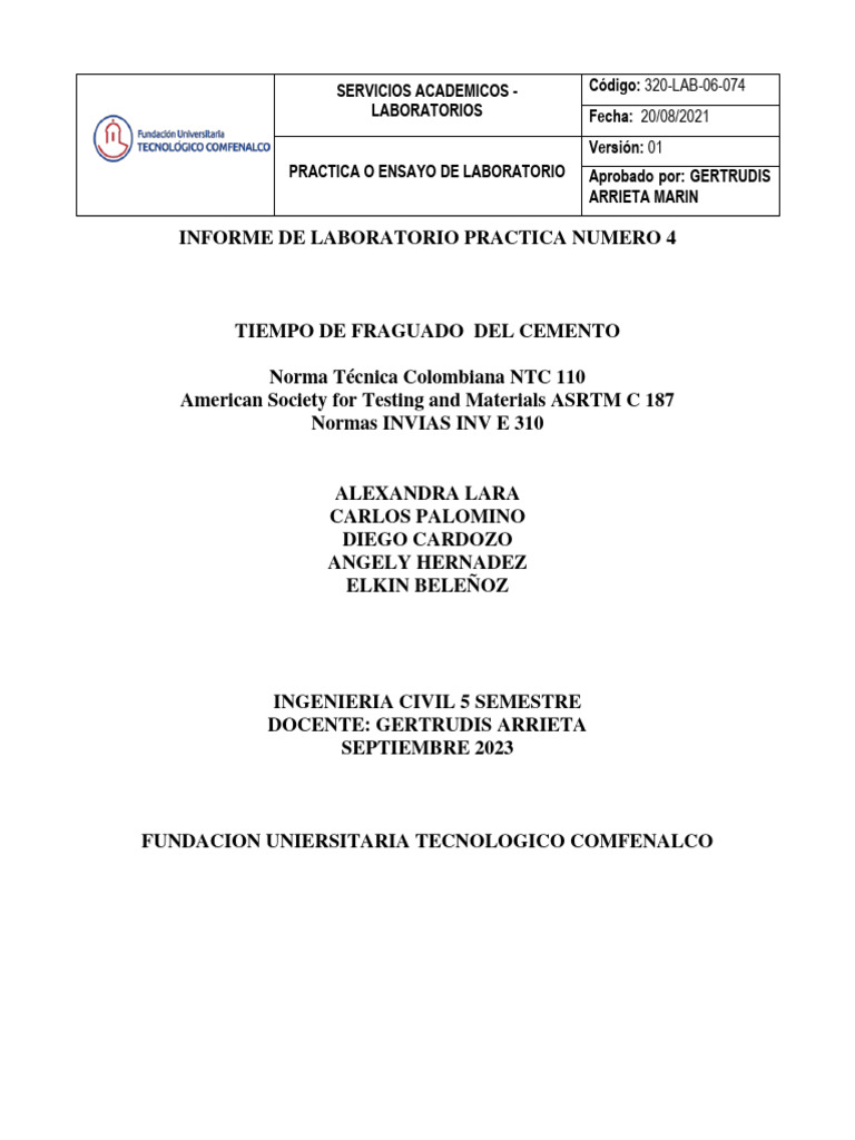 Informe Laboratorio Practica Numero 4 | PDF | Cemento | Laboratorios Informe Laboratorio Practica Numero 4 | PDF | Cemento | Laboratorios