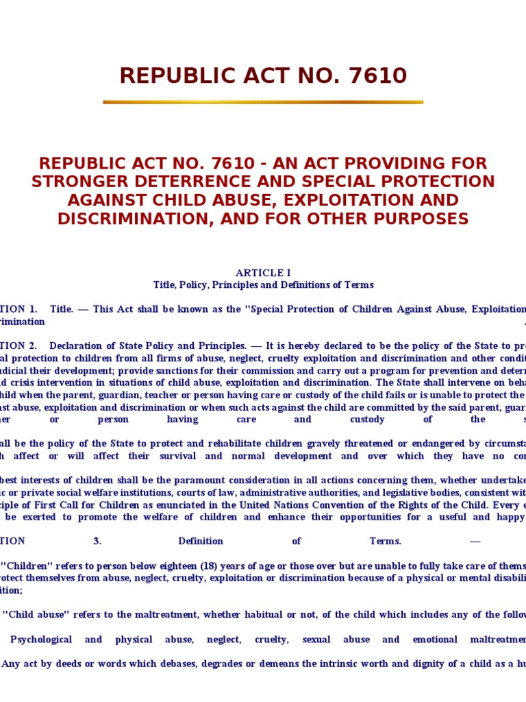 Republic Act No. 7610 | PDF | Child Abuse | Prostitution