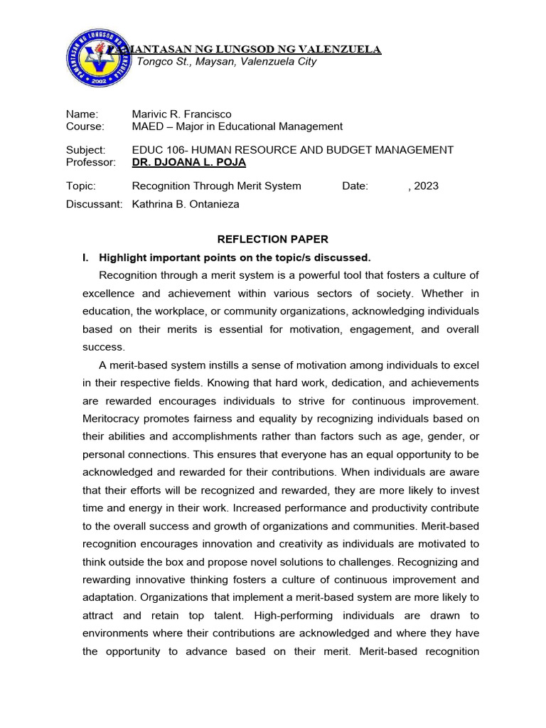 REFLECTION-TEMPLATE-HUMAN-RESOURCE-AND-BUDGET-MNGT-Recognitin Through ...