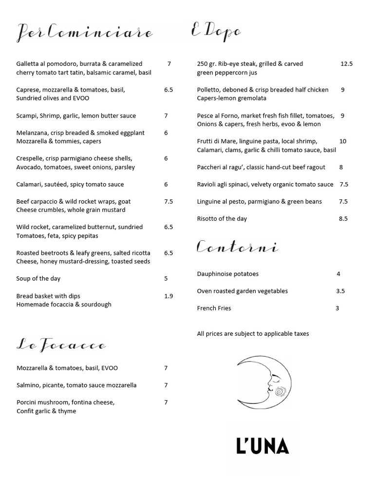 L'una Food Menu. | PDF