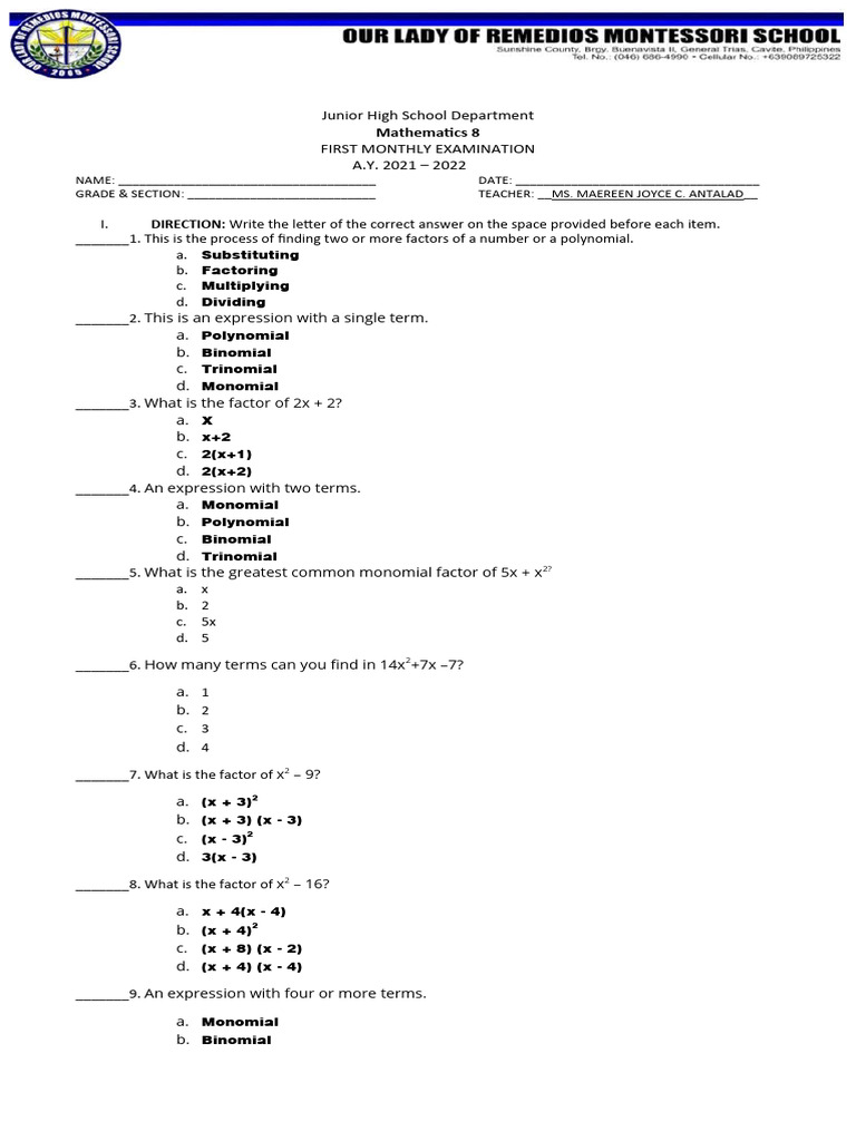 Math 8 First Monthly Exam 2021-2022 | PDF | Factorization | Numerical Analysis