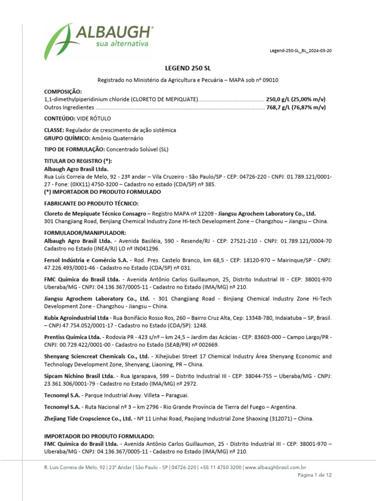 Regulador de Crescimento Legend 250 SL | PDF | Embalagem e rotulagem ...