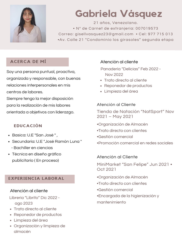 Curriculum Gabriela Vásquez - Actualizado | PDF | Servicio al Cliente | Iniciativa empresarial