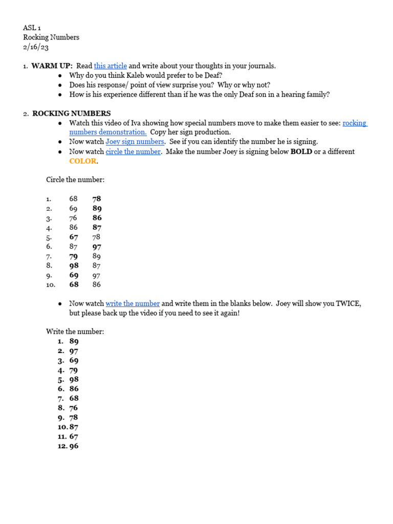 Rocking Numbers in ASL Exercise | PDF