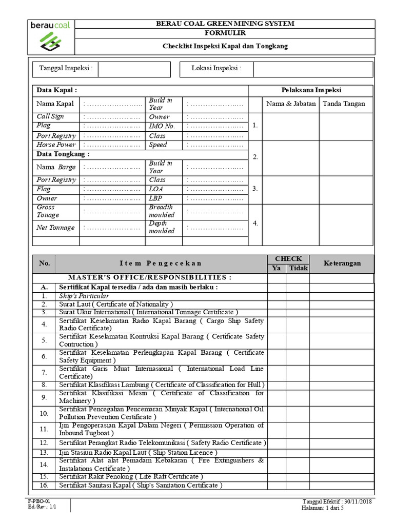 F-PBO-01 - Formulir Checklist Inspeksi Kapal Dan Tongkang | PDF