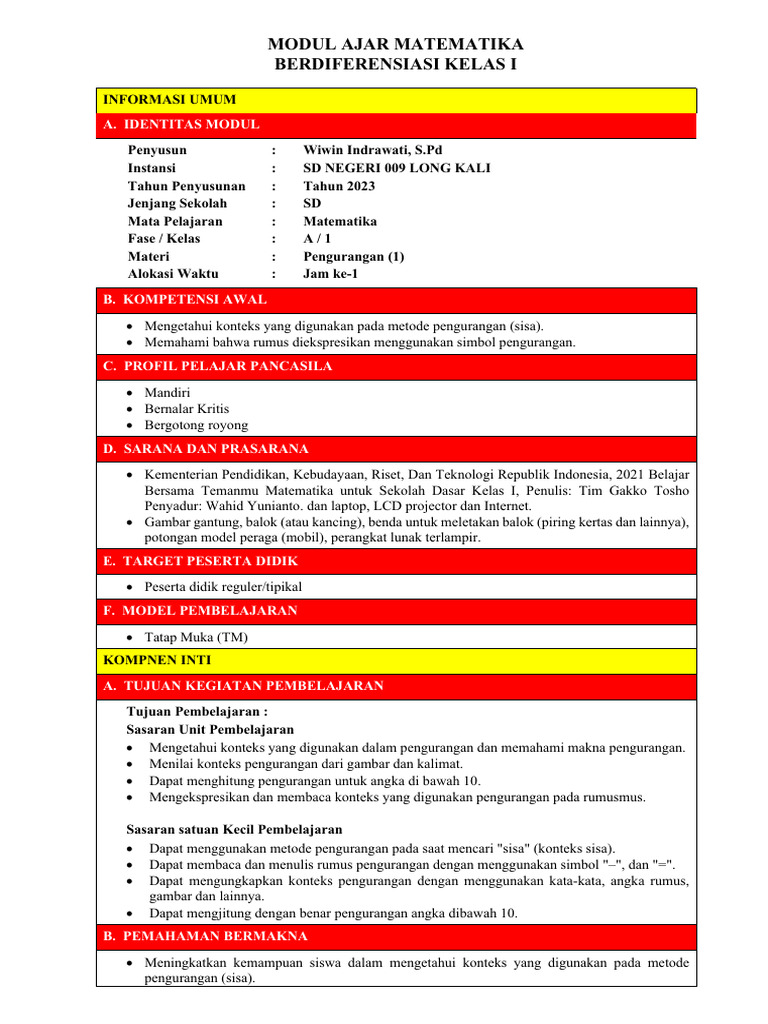 Modul Ajar Berdiferensiasi Kelas 1 Bu Wiwin | PDF