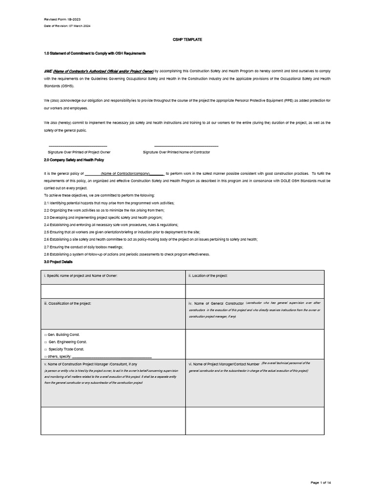 CSHP Form 1B 2023 CSHP | PDF | Occupational Safety And Health ...