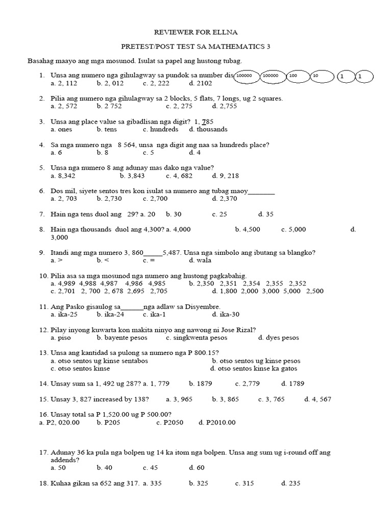 Mathematics 3 Pre Post Test | PDF