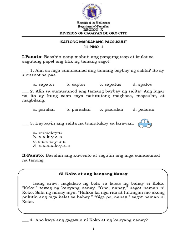 Filipino 1 3rd Quarter Exam PDF