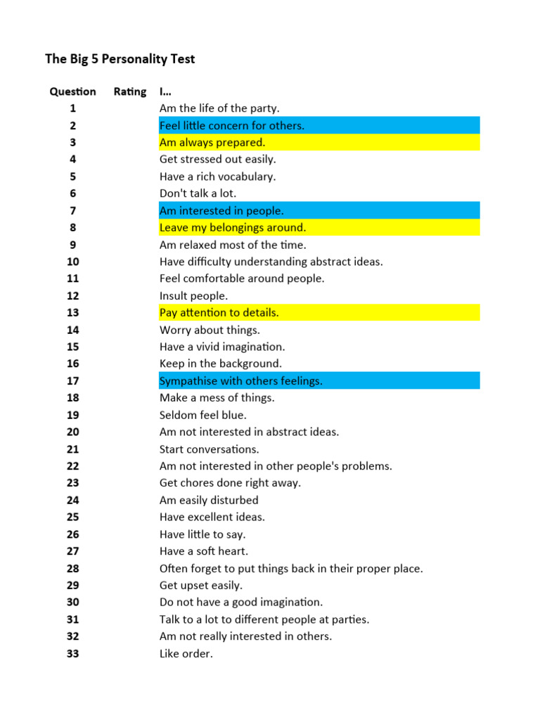 Big 5 Personality Test for Tutorial | PDF | Cognitive Science | Cognition