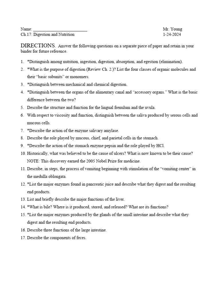 Digestion and Nutrition Study Guide | PDF