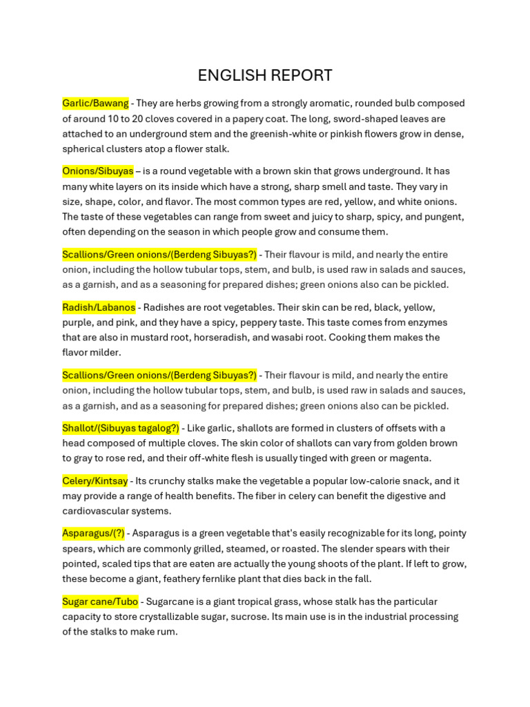 English Report | PDF | Scallion | Onion