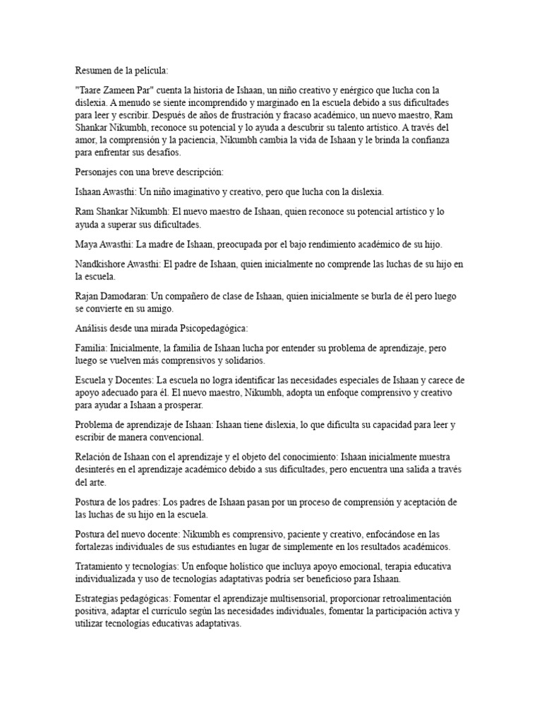 Resumen de La Película | PDF | Dislexia | Aprendizaje