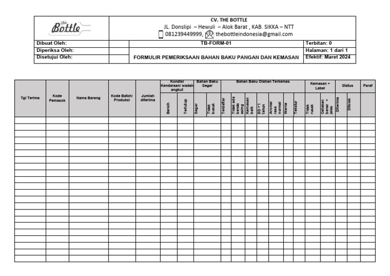 FORM-01-Formulir Pemeriksaan Bahan Baku Pangan Dan Kemasan | PDF