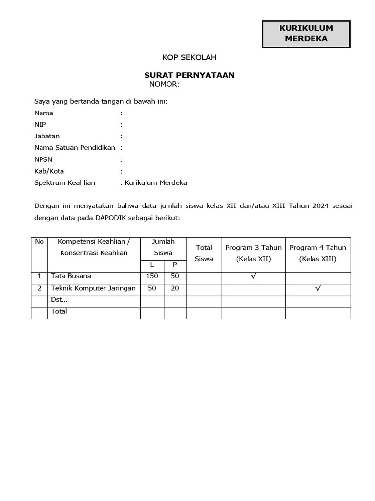 Surat Pernyataan Data Siswa Kurikulum Merdeka | PDF