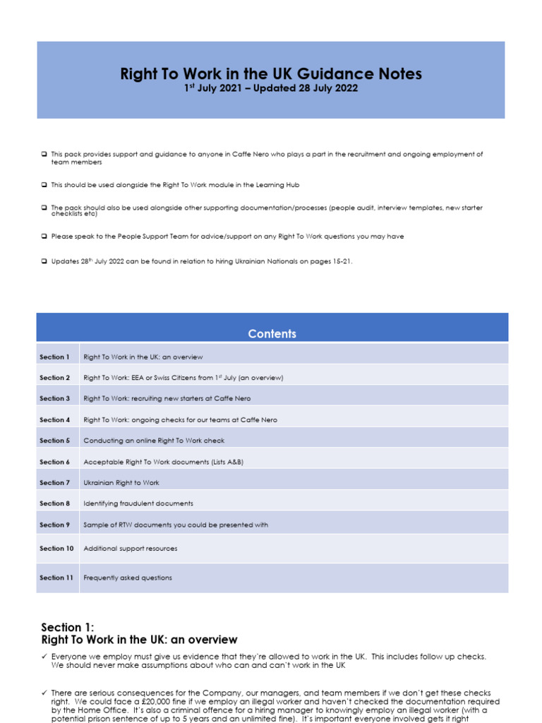 UK Right To Work Guidance for Caffe Nero | PDF | European Economic Area ...