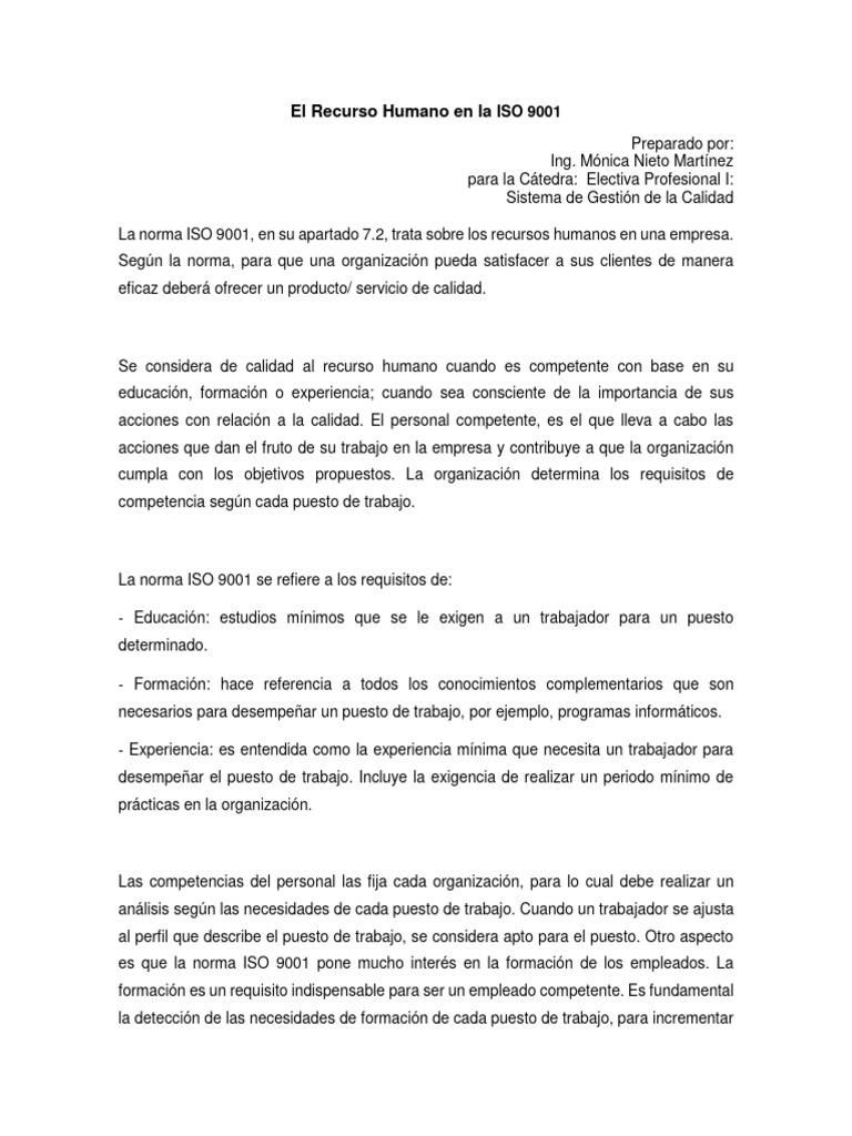 El Recurso Humano en ISO 9001 | PDF | Calidad (comercial) | Gestión de recursos humanos