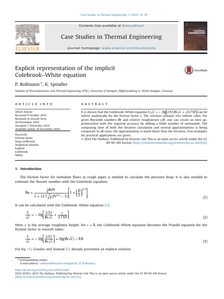 Explicit Representation of The Implicit Colebrook - White Equation ... Explicit Representation of The Implicit Colebrook - White Equation ...