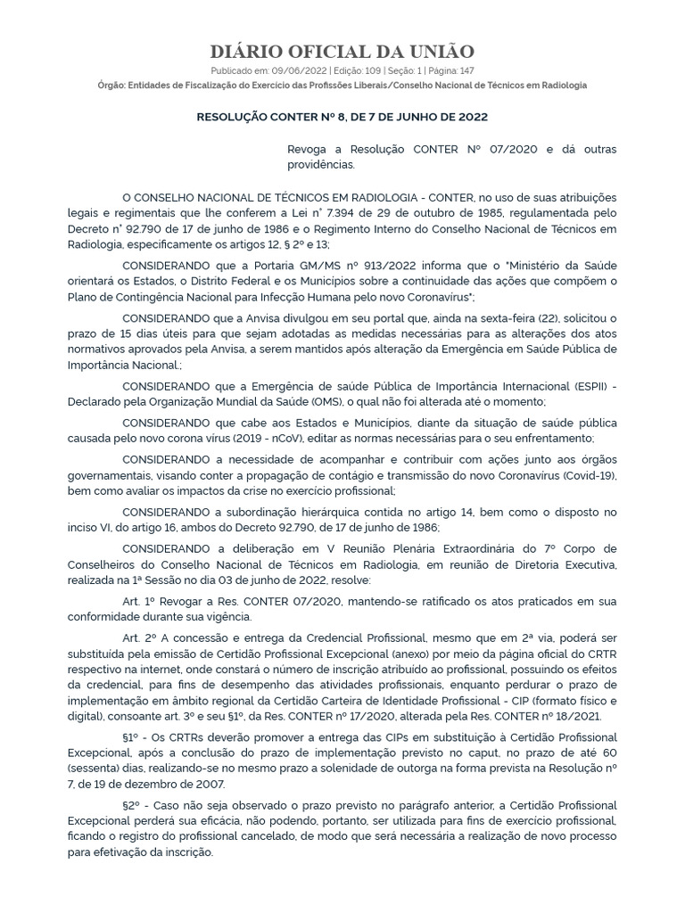 Revogação da Resolução CONTER 07/2020 | PDF