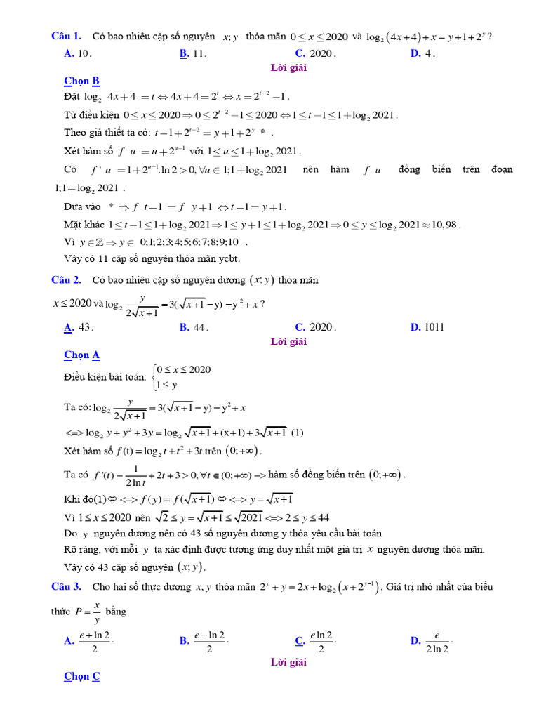 D47 Câu 47 ỨNG DỤNG PHƯƠNG PHÁP HÀM SỐ ĐỂ GIẢI PHƯƠNG TRÌNH MŨ LOGARIT ...