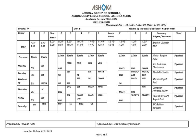 Class Timetable - 5B | PDF