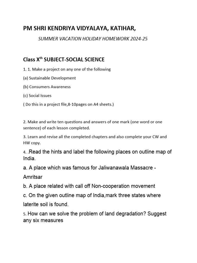 10 Holiday Homework Sst | PDF