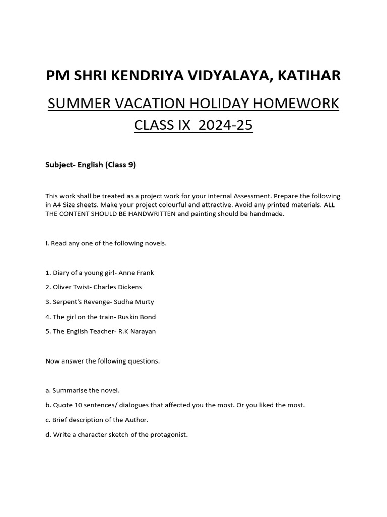 Class 9 English Summer Homework 2024-25 | PDF