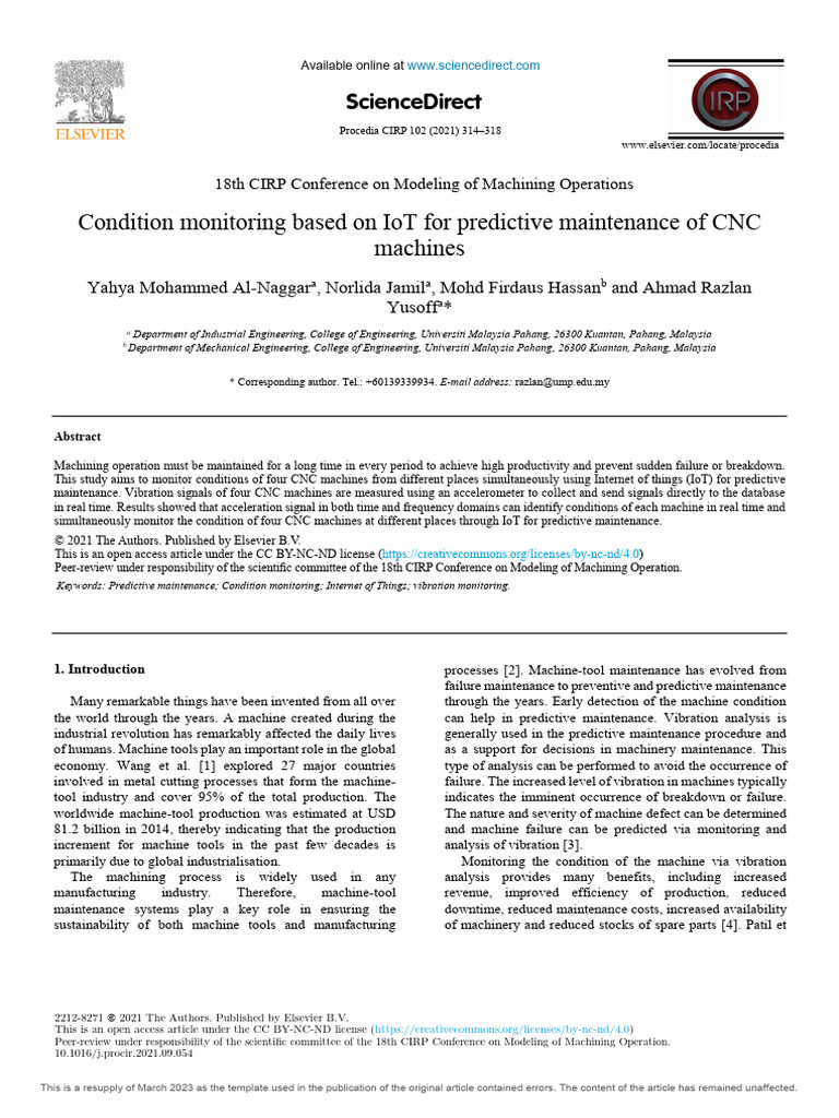 Condition Monitoring Based On Iot For Predictive Maintenance Of Cnc Machines Pdf Internet Of