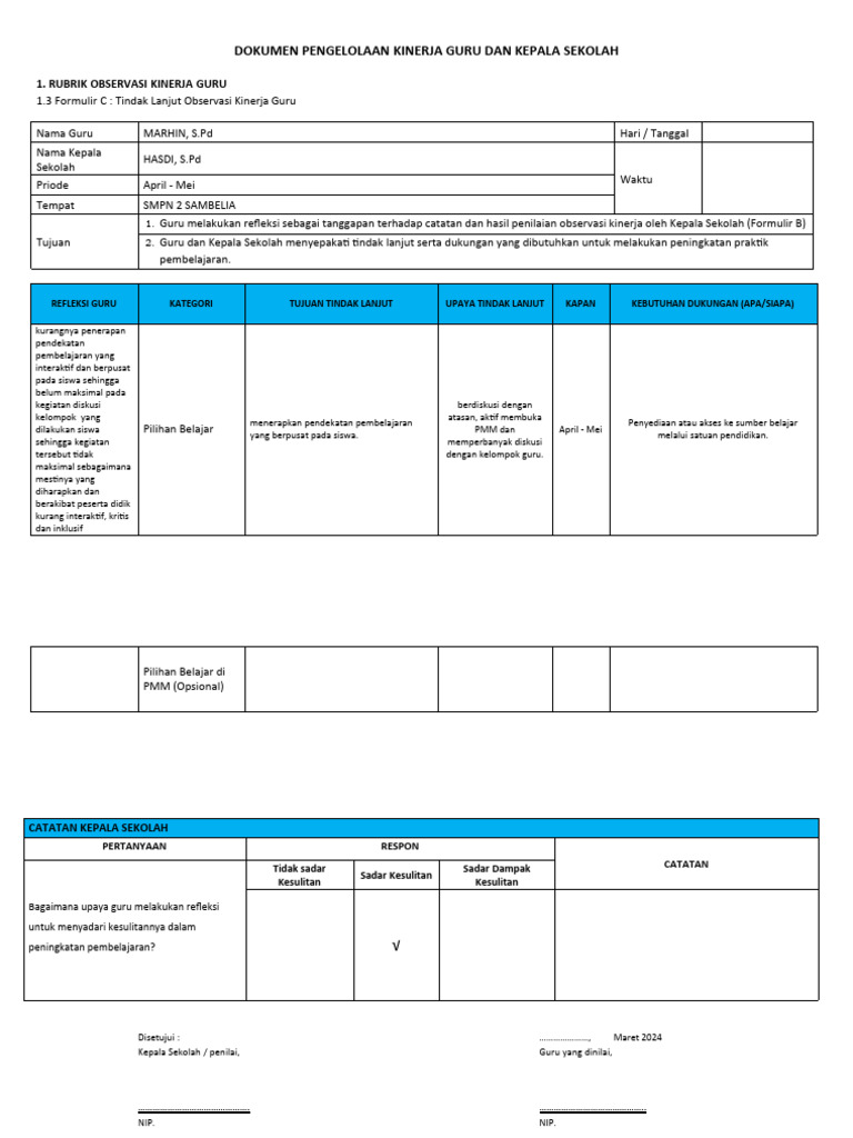 Form C - Tindak Lanjut Observasi Kinerja Guru Marhin | PDF
