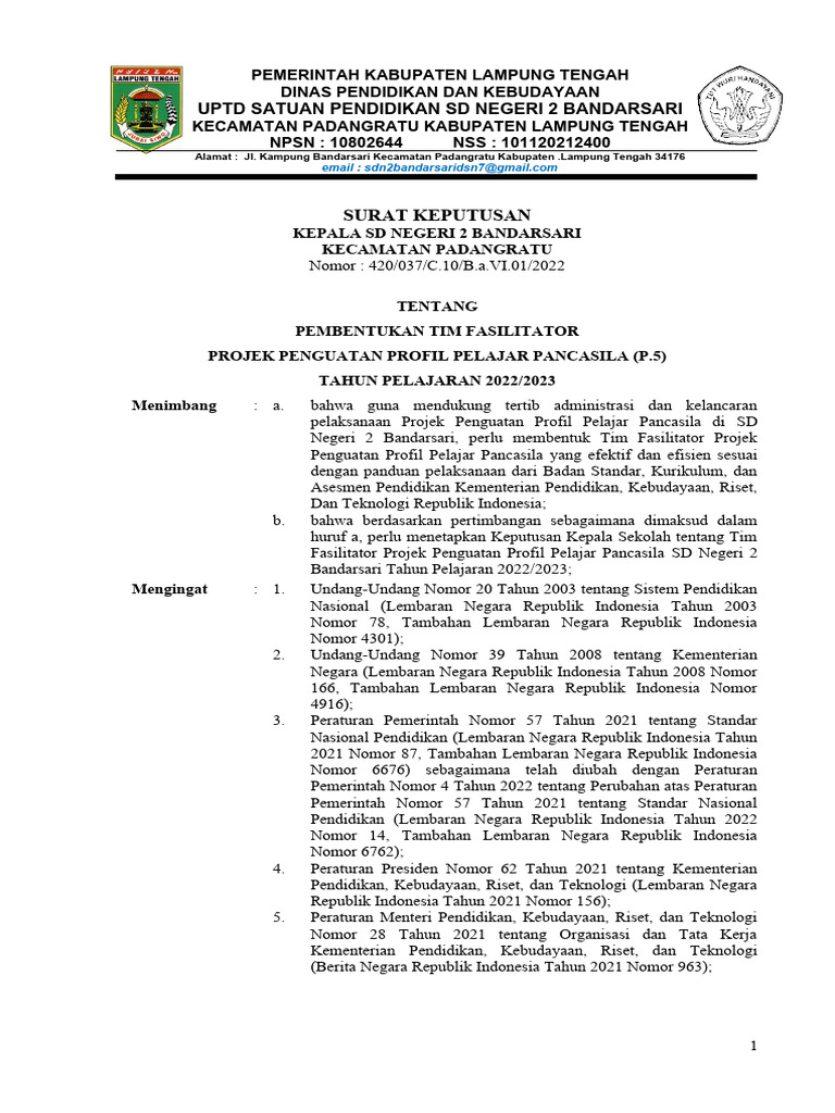 P.5 SK - Tim Fasilitator - Projek Penguatan Profil Pelajar Pancasila | PDF