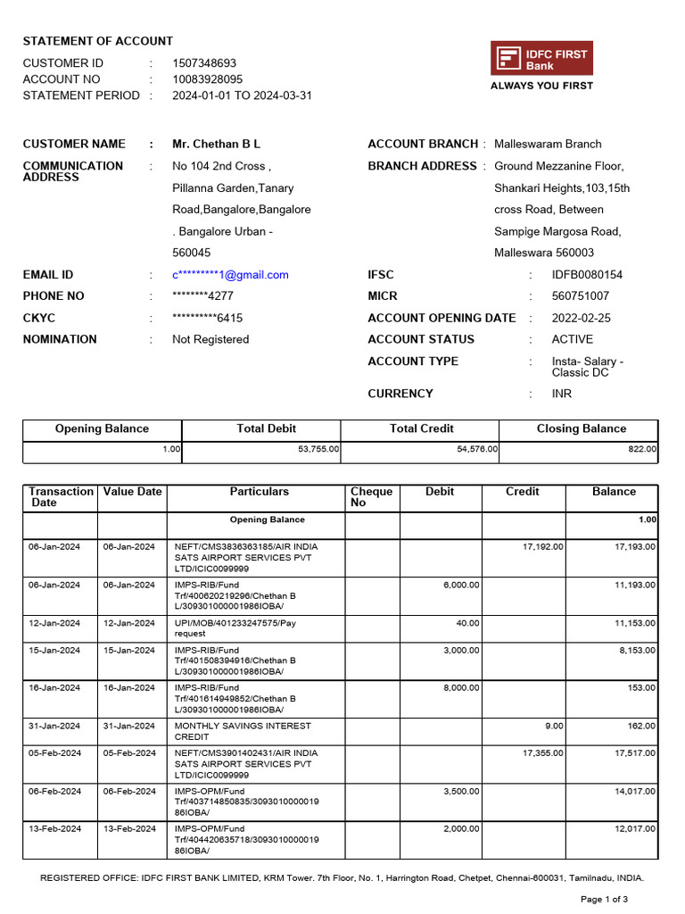 IDFCFIRSTBankstatement 10083928095 161253463 | PDF | Automated Teller Machine | Cheque