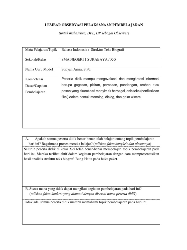 LEMBAR OBSERVASI PELAKSANAAN PEMBELAJARAN Siklus 2 | PDF | Karier & Perkembangan | Seni ...