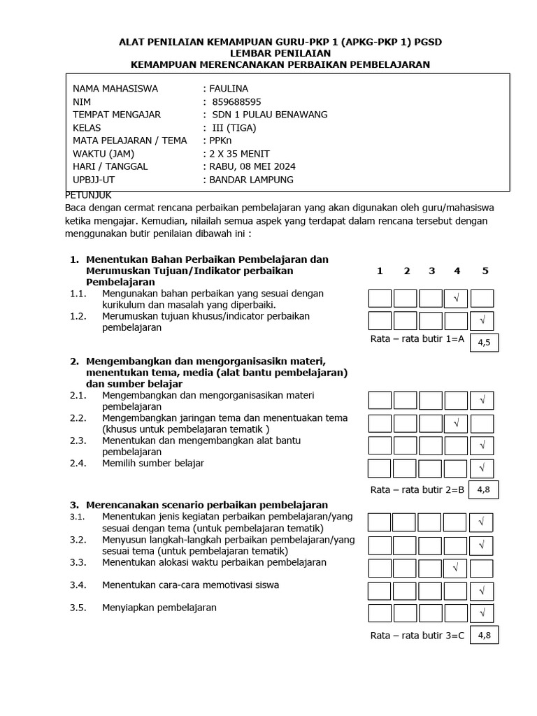 FAULINA 859688595 - LEMBAR APKG 1 Dan 2 PKP PGSD | PDF
