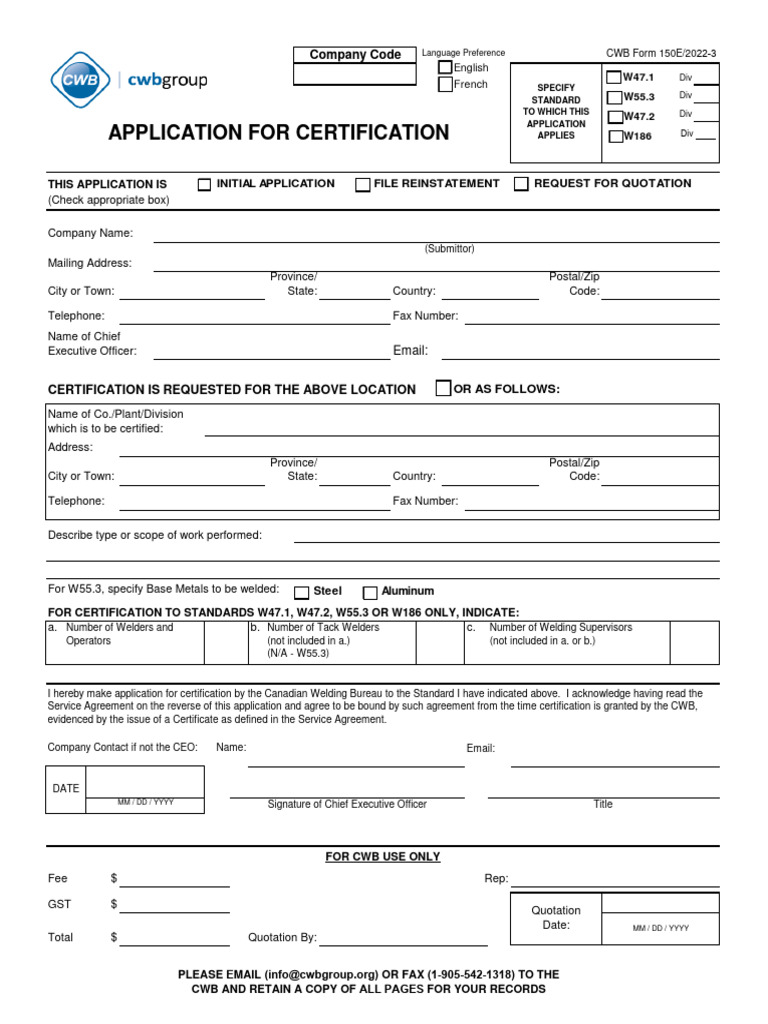 CWB Certification Application Form 150E | PDF | Indemnity | Common Law