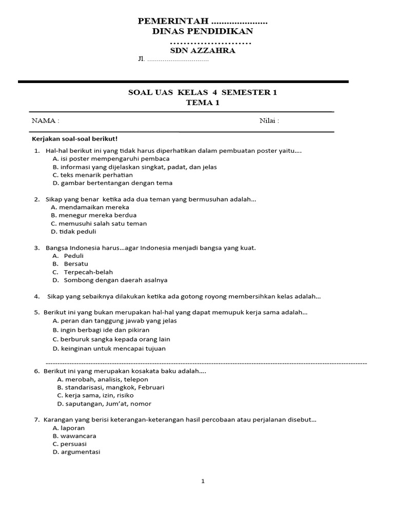 Soal Uas Kelas 4 SMTR 1 Tema 1 | PDF