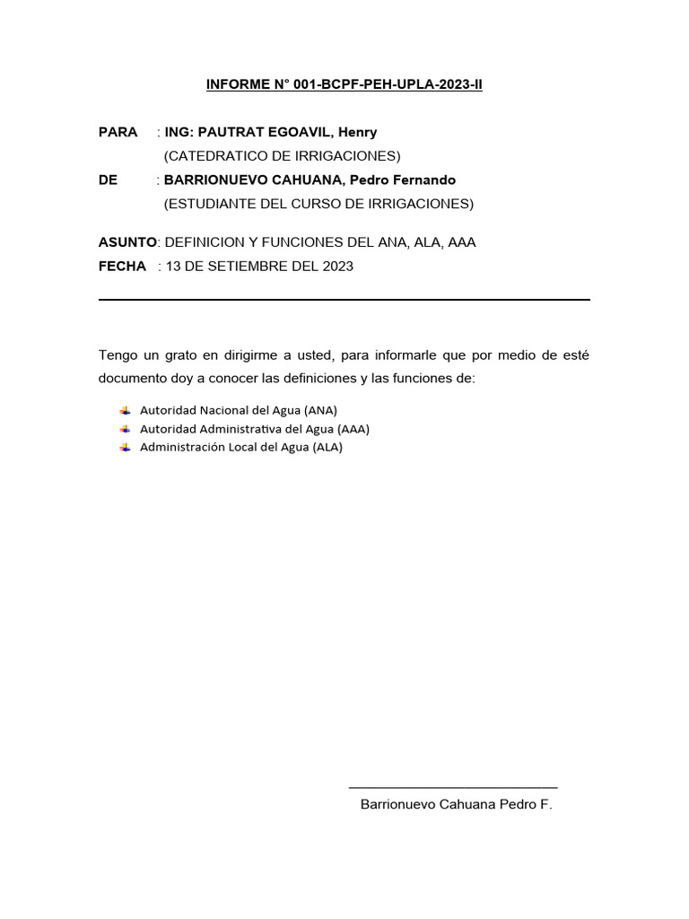 Informe 01 - Irrigaciones | PDF | Agua | Recursos hídricos