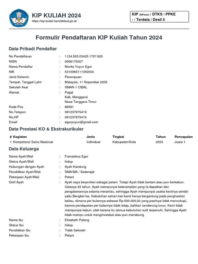 Formulir Peserta Kip Kuliah 2024 Egor Pdf