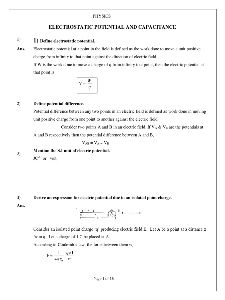 Electrostatic Potential & Capacitance | PDF | Electric Field | Electrostatics