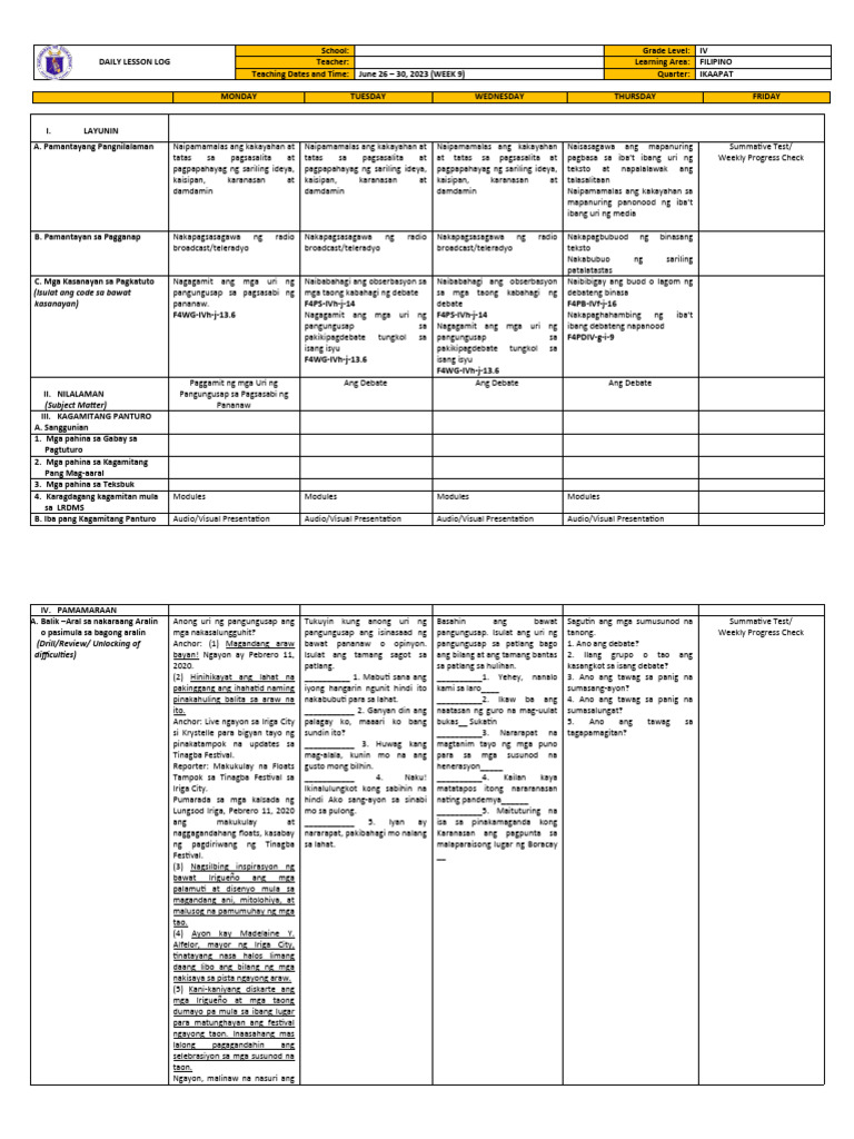 DLL - FIL4 - Q4 - W9 - Naibabahagi Ang Obserbasyon Sa Mga Taong Kabahagi NG Debate and OTHER ...