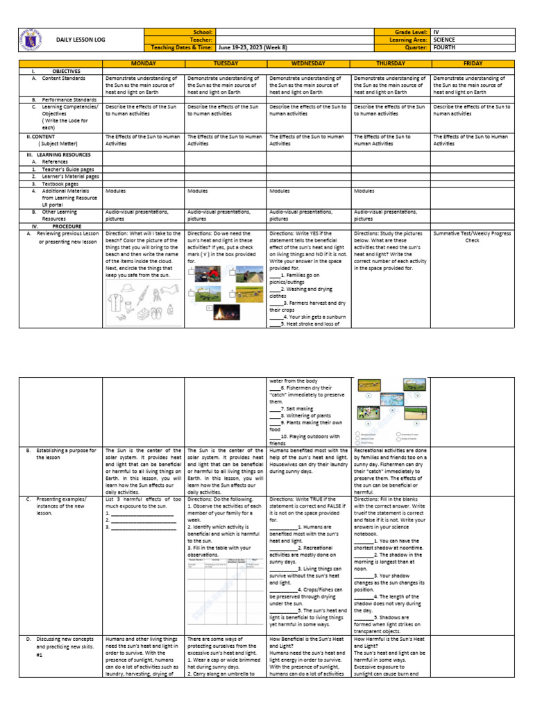DLL - SCIENCE 4 - Q4 - W8 - The Effects of The Sun To Human | PDF | Shadow | Light