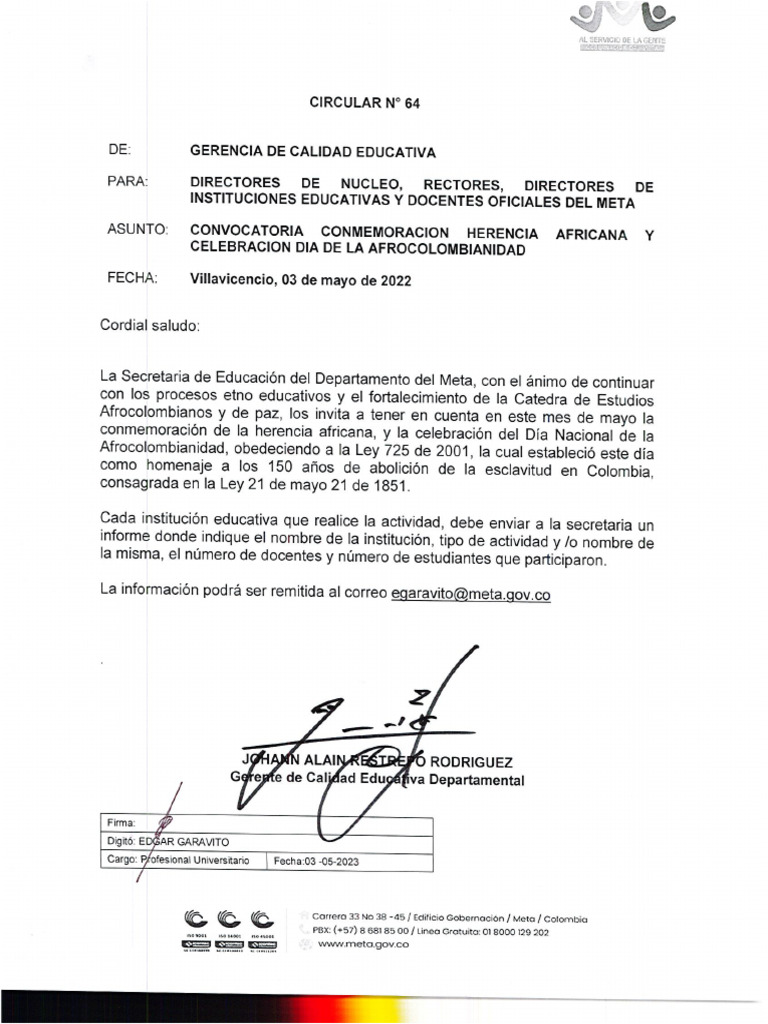 Circular No 64 de 2023 Dia Afrocolombianidad | PDF