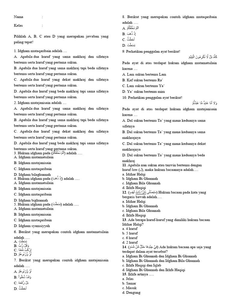 Soal Pilihan Ganda Bab Makharijul Huruf | PDF