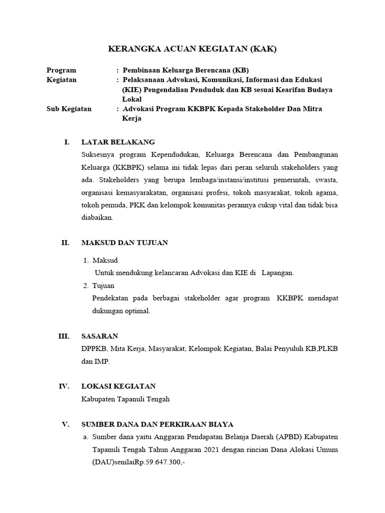 KAK Kegiatan Advokasi Program KKBPK Kepada Stakeholder Dan Mitra Kerja | PDF