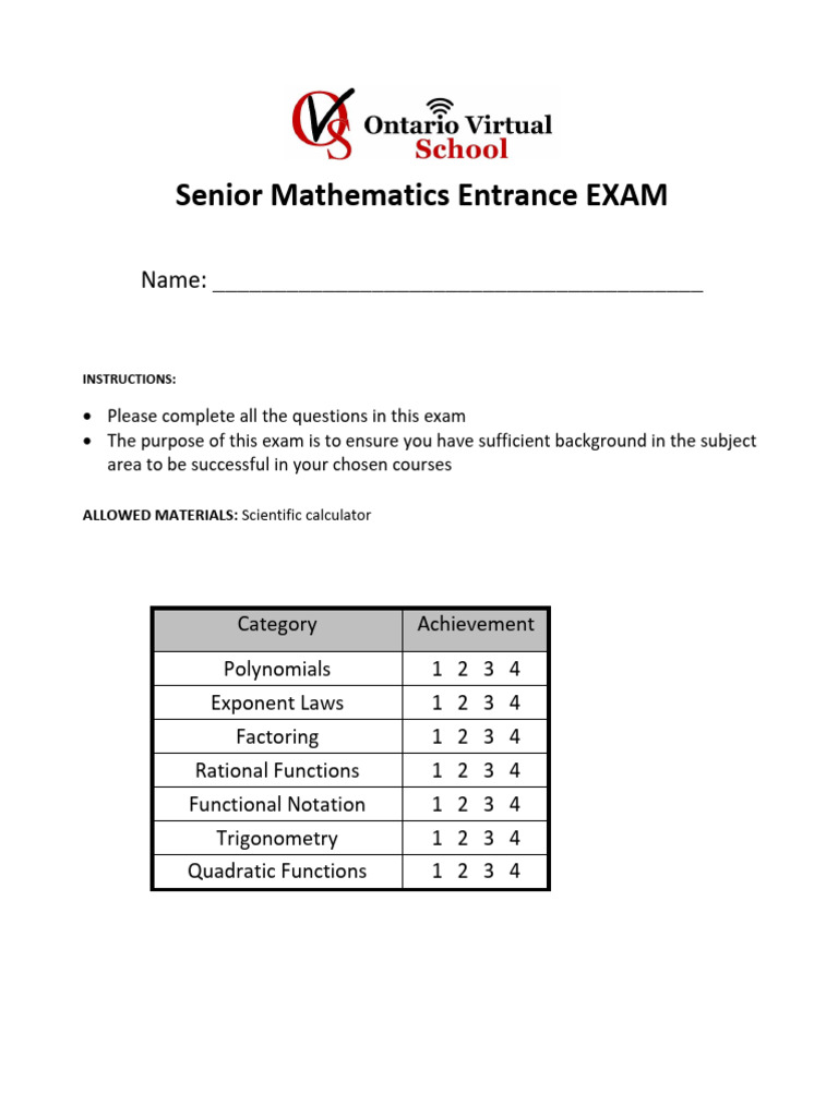 Senior Math Entrance Assessment | PDF | Function (Mathematics ...