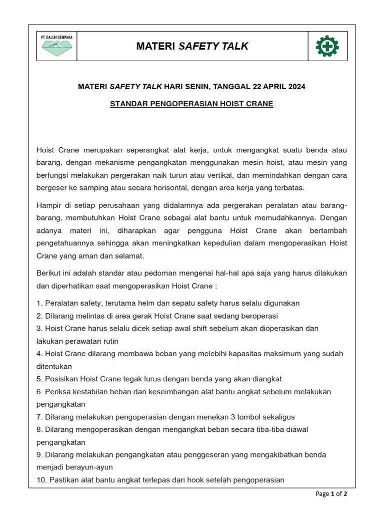 Materi Safety Talk - Senin 22-04-2024 | PDF