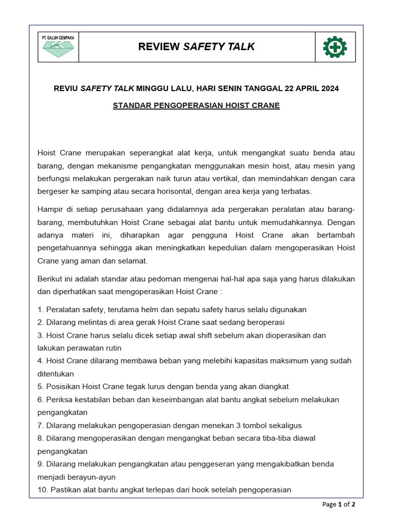 Panduan Aman Operasi Hoist Crane | PDF