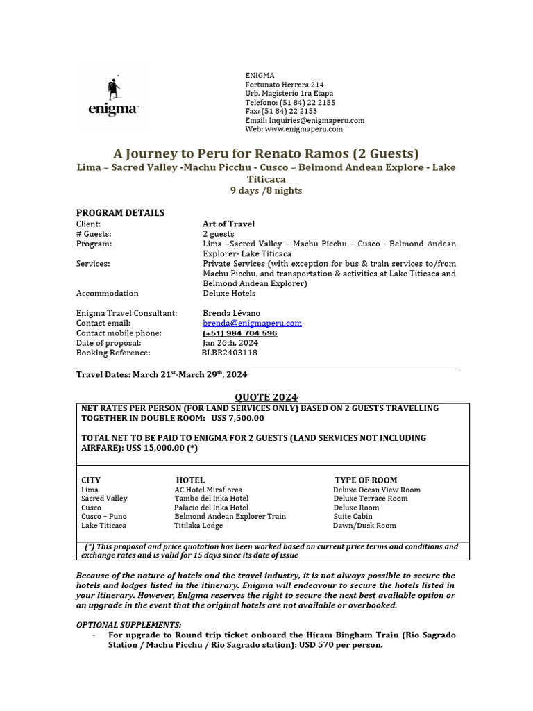 Quotation - Journey To Peru For MRS MR Ramos Sent On Jan 26th | PDF ...